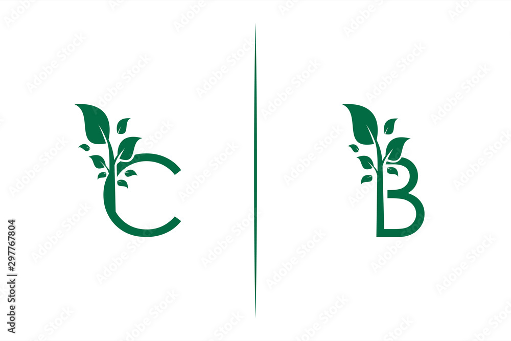 Vector set of green eco letter logo with leaves. Ecological font ...