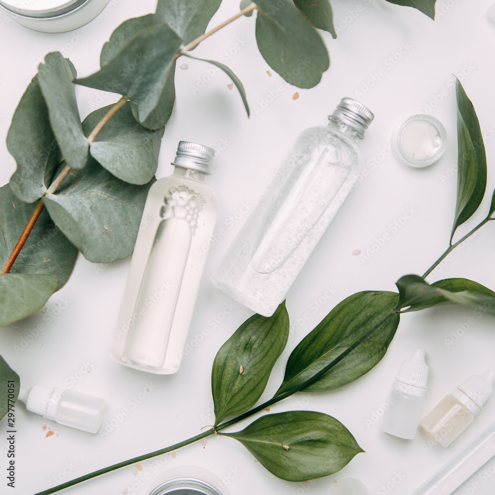 Bottle of natural cosmetics Flatley. Ecological cosmetics in jars with ...