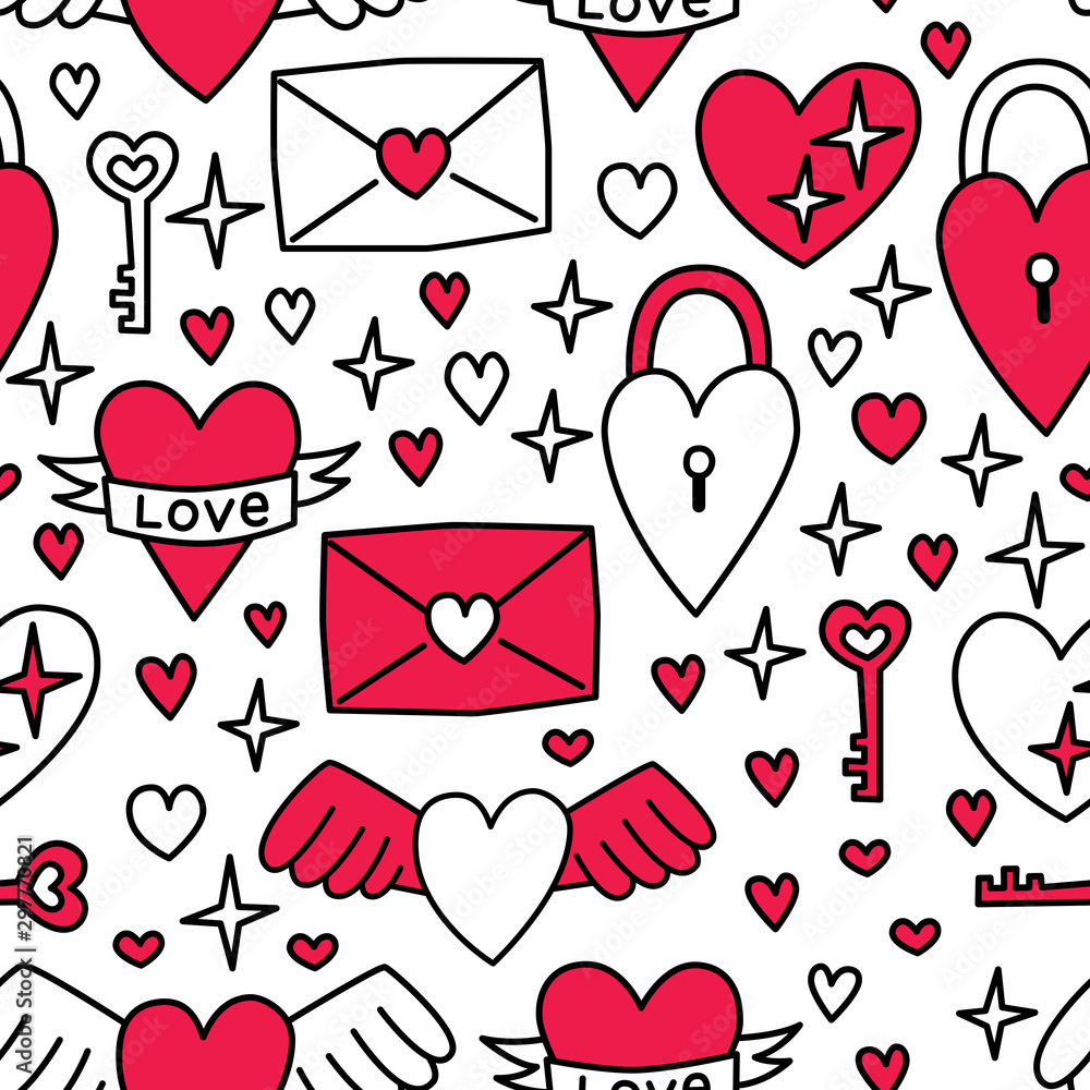 Cute Valentine's Day seamless pattern background with doodles of hearts ...