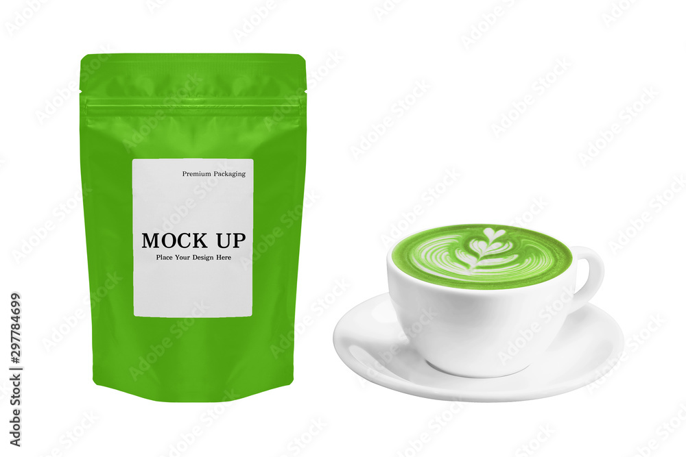 Premium Coffee Packaging Mock up Bag and a cup of matcha green tea ...