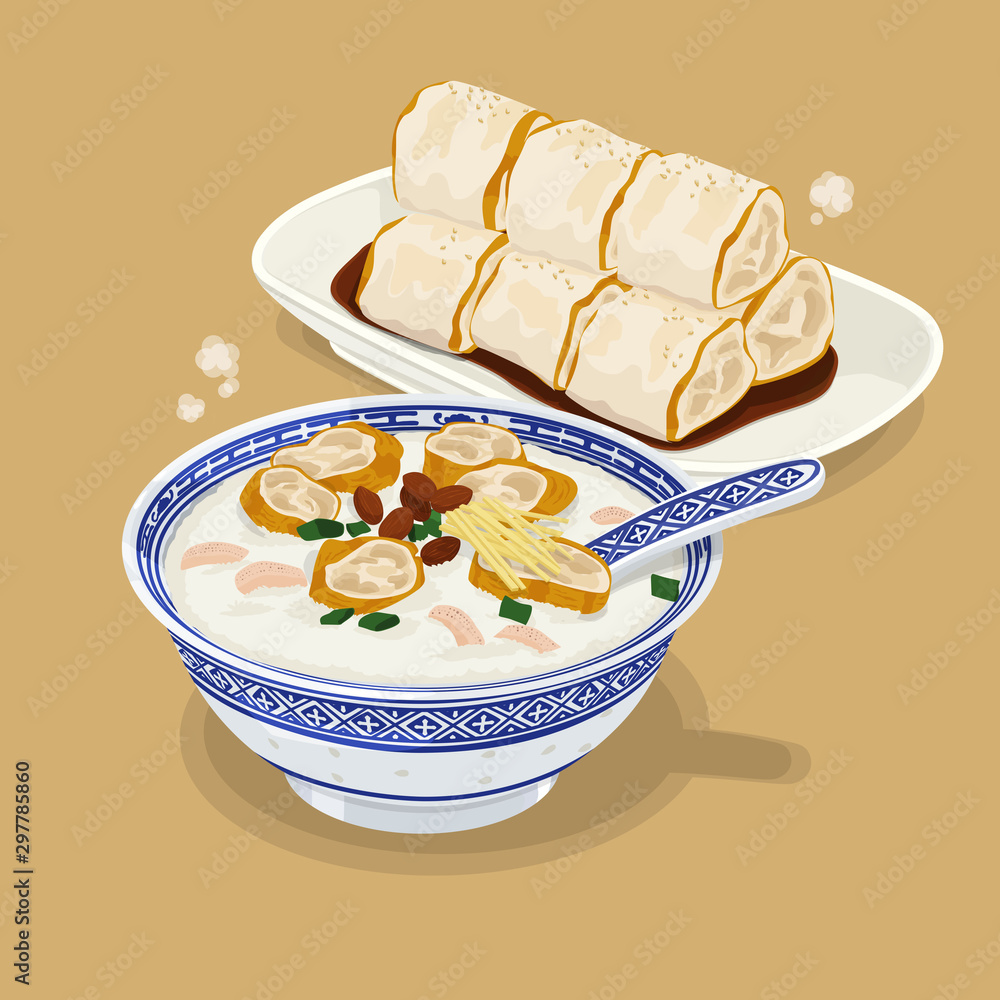 A illustration of Hong Kong style food Congee and rice roll with fried ...