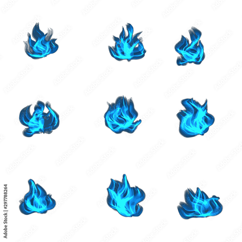 Collection of blue flames or campfires isolated on white background.Gas ...