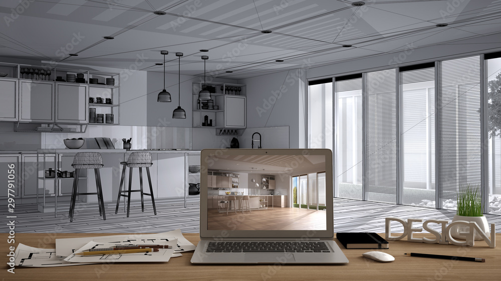 Architect designer desktop concept, laptop on wooden work desk with ...
