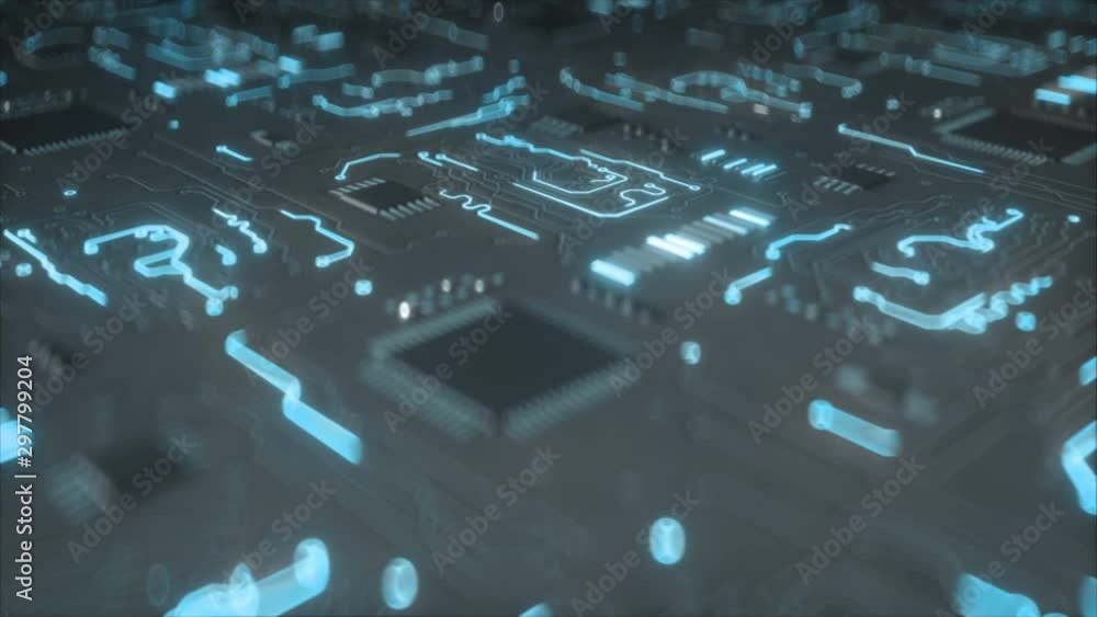 Blue electric current on on PCB Printed circuit board. Computer science or electronic concept ...