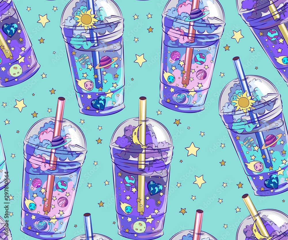 seamless patterns Cocktails of the universe, with a glass of drink and ...