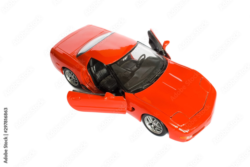 Model of a red car with open doors on white background Stock Photo ...