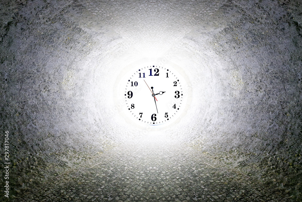 Time concept. Time Tunnel. Clock in exit or end of tunnel. Stock Photo ...