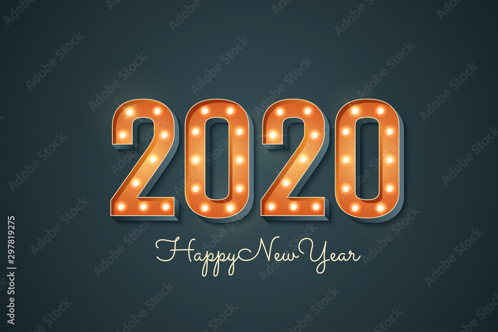 2020 sign with light bulb. Happy new year greeting card with 3d retro ...