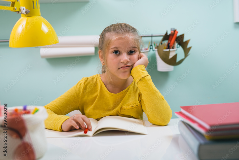 cute little girl sitting desk in her room doing homework Stock Photo ...