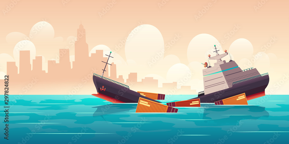 Shipwreck of cargo ship, vessel sinking in ocean with goods containers ...