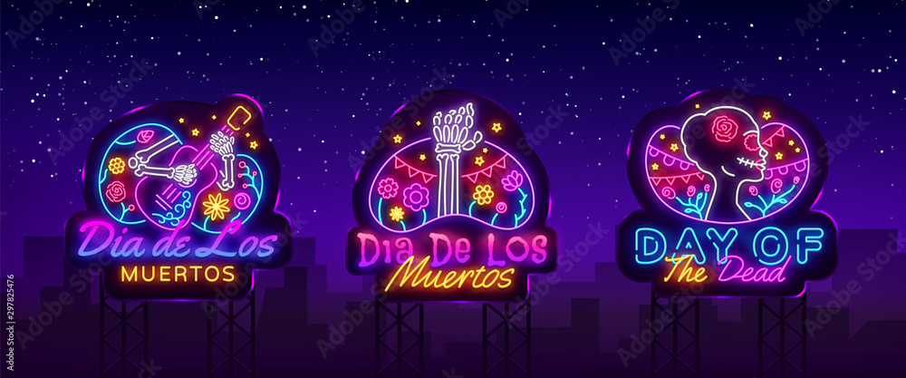 Day of the dead Neon signs set Vector. Dia de los moertos neon icons ...
