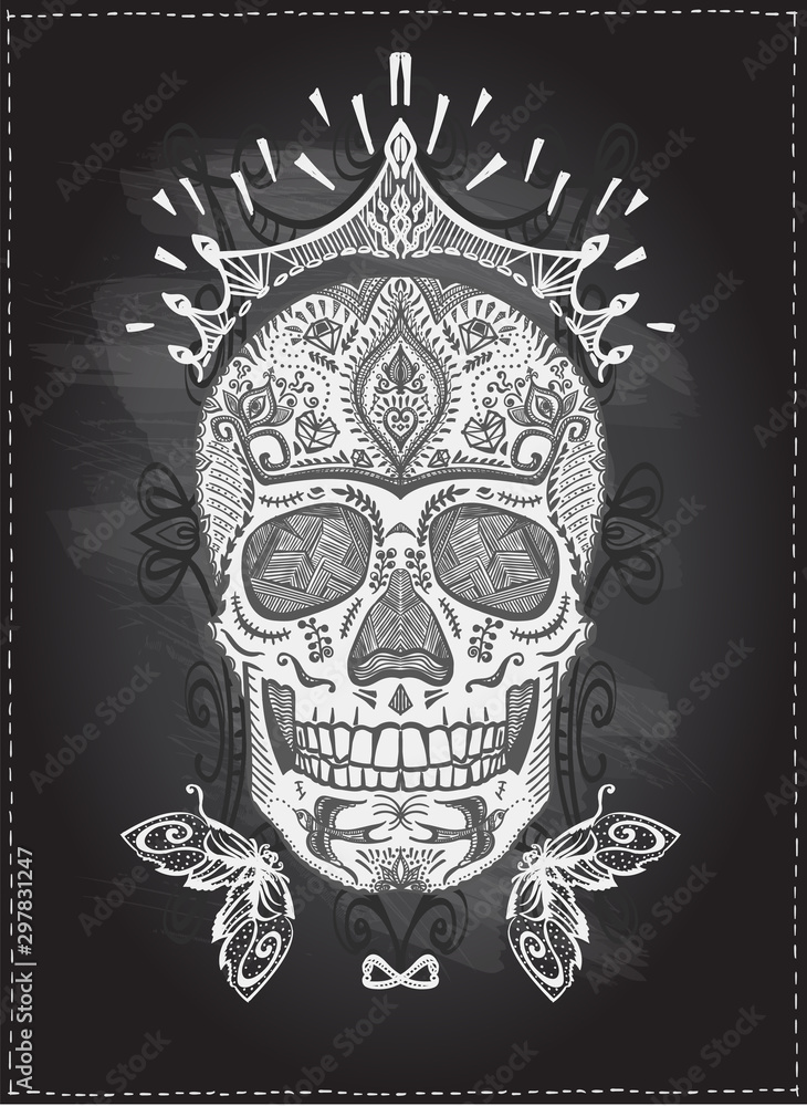 Hand drawn ornamental decorated sugar skull with crown, vector ...