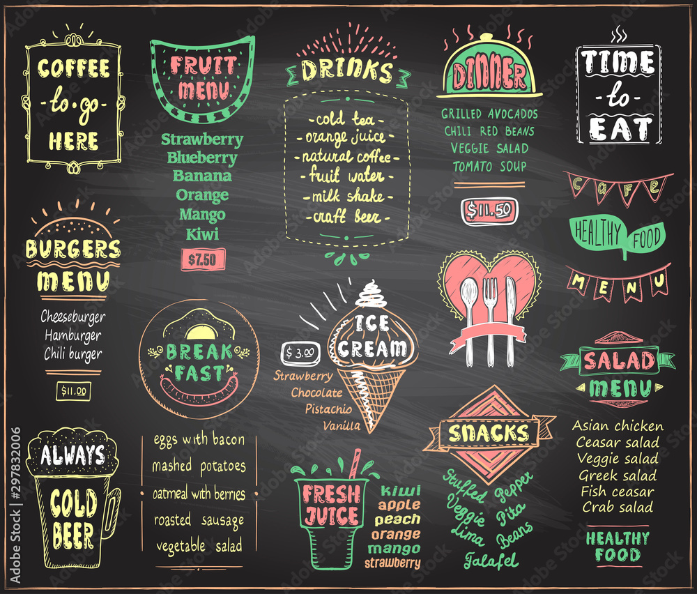 Chalkboard menus set - fruit menu, burgers, cold beer, coffee ...