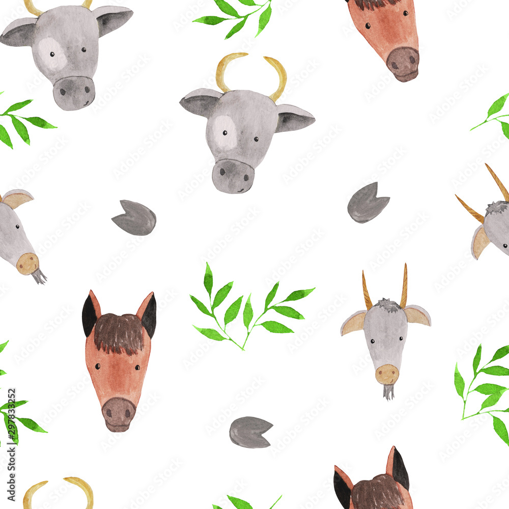 Seamless pattern with farm animals - horses, cows and goats, green ...