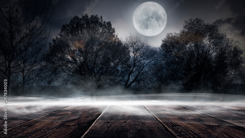 Dark forest. Gloomy dark scene with trees, big moon, moonlight. Smoke ...