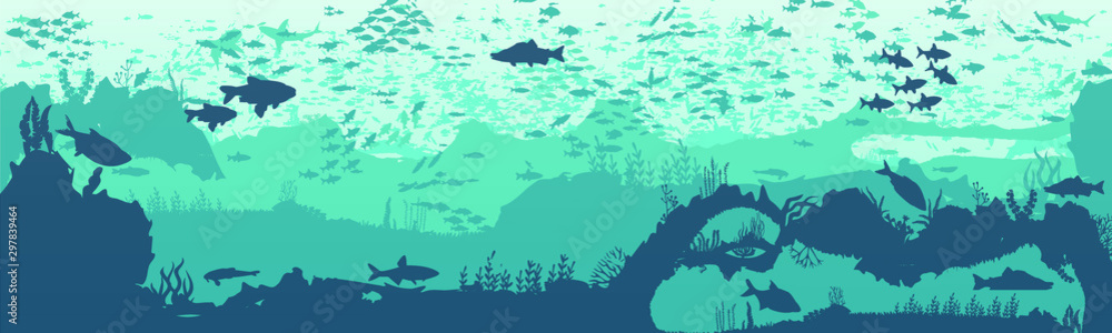 Silhouette of fish and algae on the background of reefs. Underwater ...