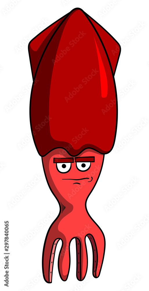 Cartoon style illustration of a squid character with a grumpy ...