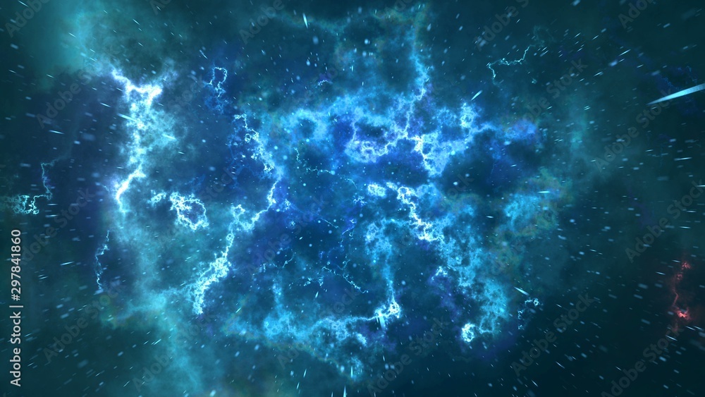 Future space travel fantastic view hyper jump, flying through blue ...