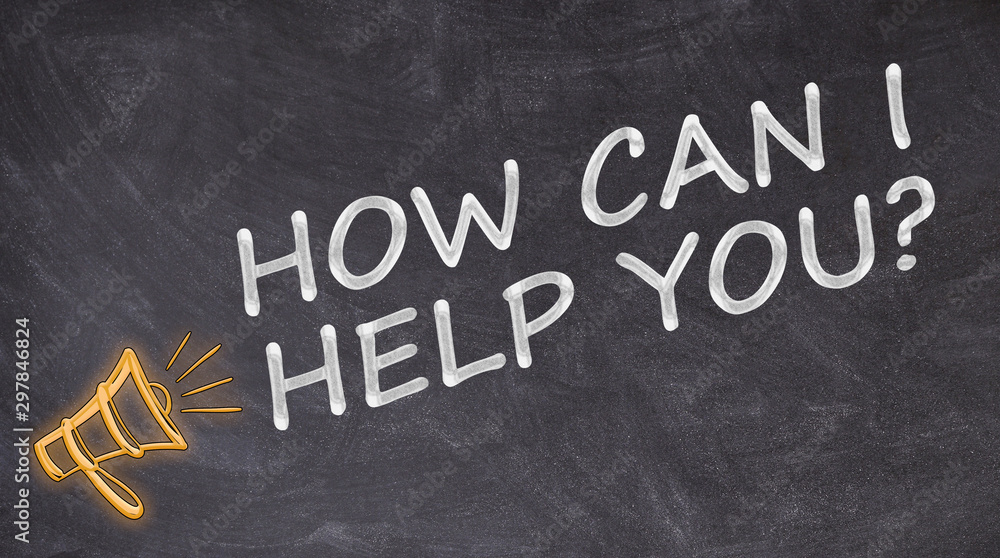 How can I help you written on blackboard with megaphone Stock ...
