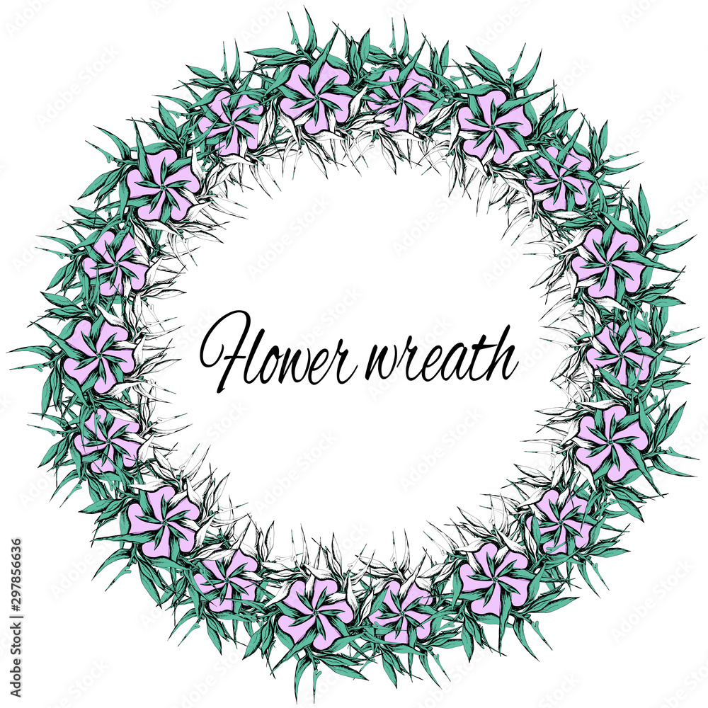 Spiky vector wreath drawn with ink. Black and white flowers with green ...