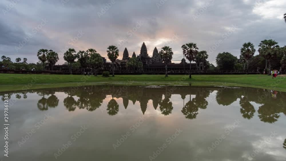 Timelapse, Angkor Wat Sunrise. Zoom In. Colorful sky with reflection on ...