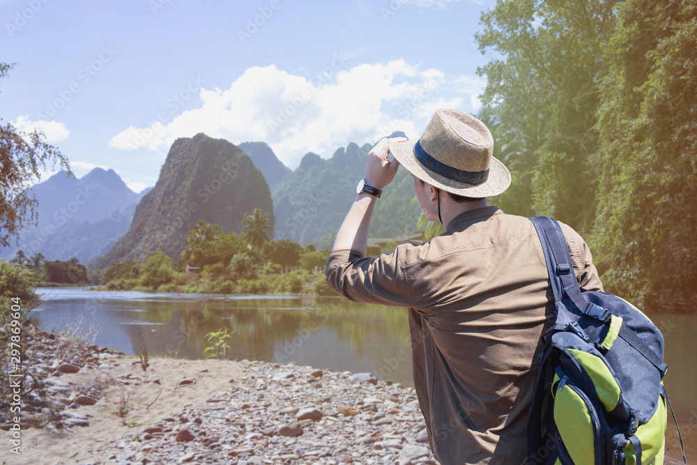 Tourists and beautiful scenery of mountains and nature in Laos. Stock ...