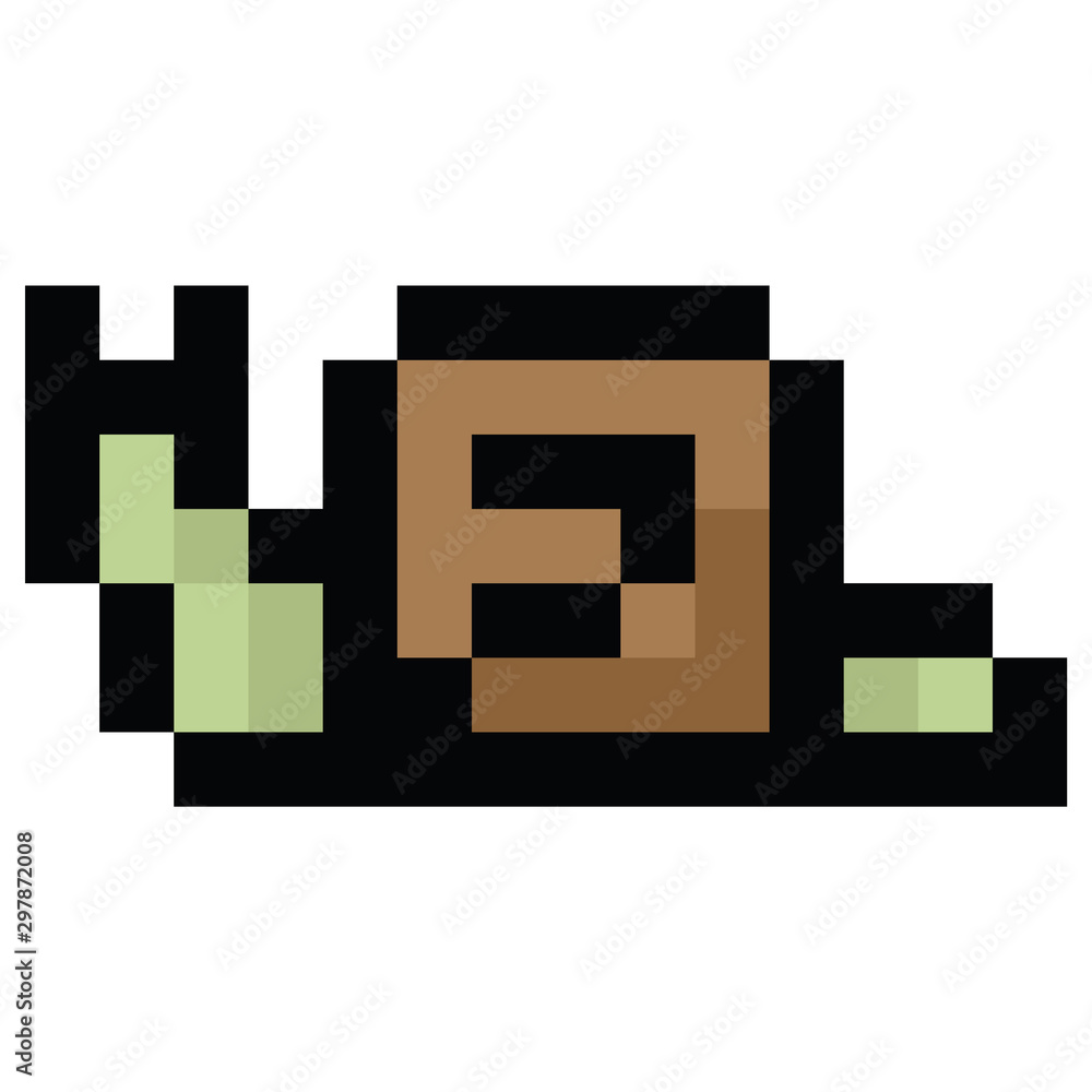 Cute 8 bit green snail vector illustration. Garden mollusk pixel art. Retro game garden bug ...