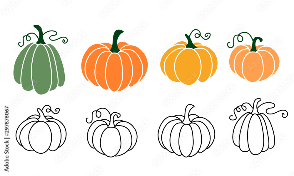 A set of pumpkins, black outlined and colored. Vector collection of ...