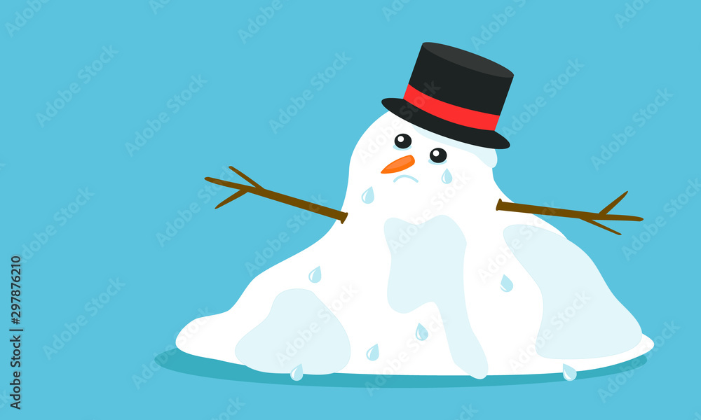 Cuite sad melting snowman with hat and tears in flat cartoon style ...