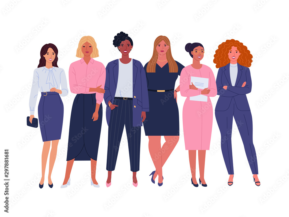 Business ladies team. Vector illustration of diverse standing cartoon ...
