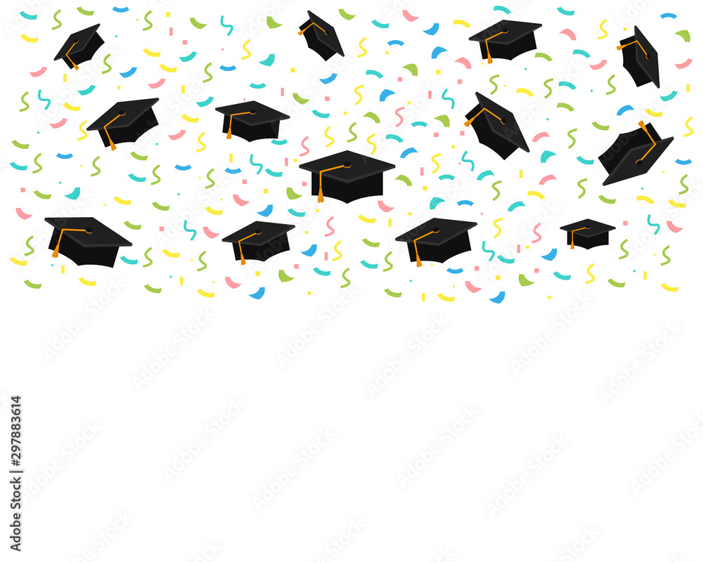 Graduate caps and confetti on a white background. Caps thrown up Stock ...