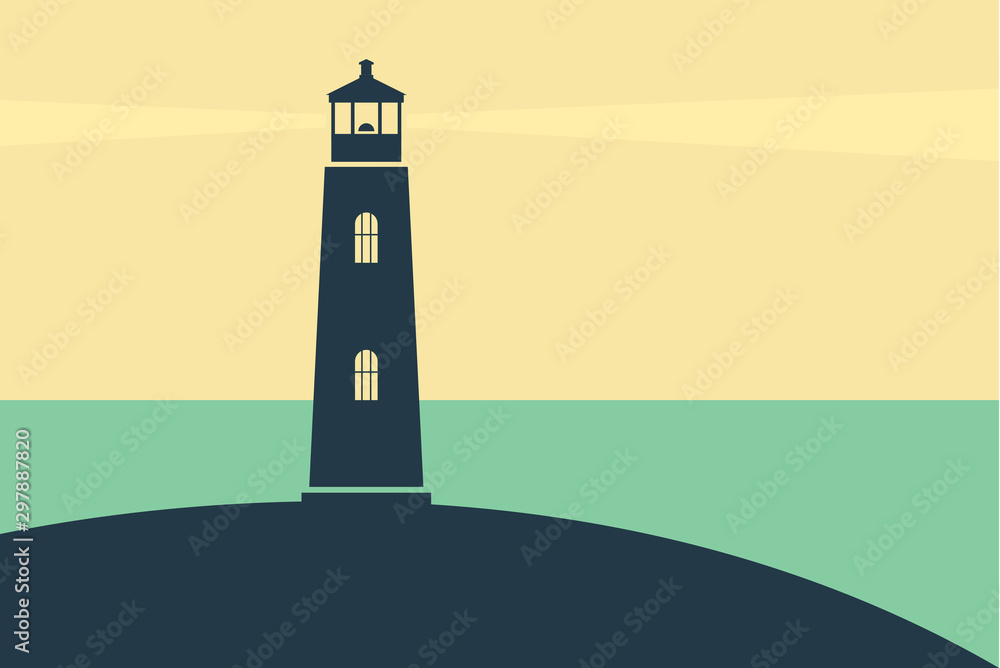 Seascape with a lighthouse, shore and rays of light. Vector flat image ...