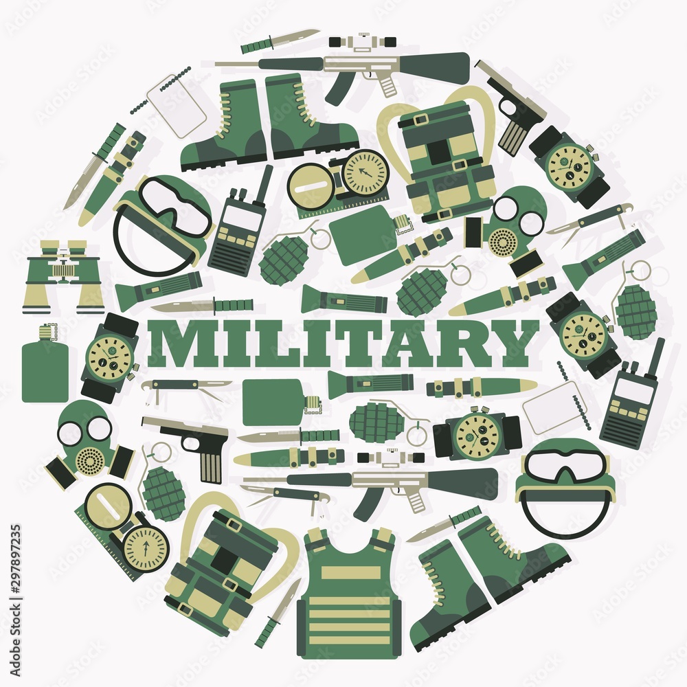 Military ammunition in round frame composition, vector illustration ...