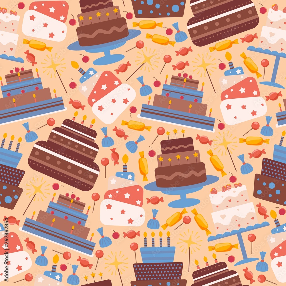 Cakes seamless pattern, vector illustration. Icons of birthday and ...