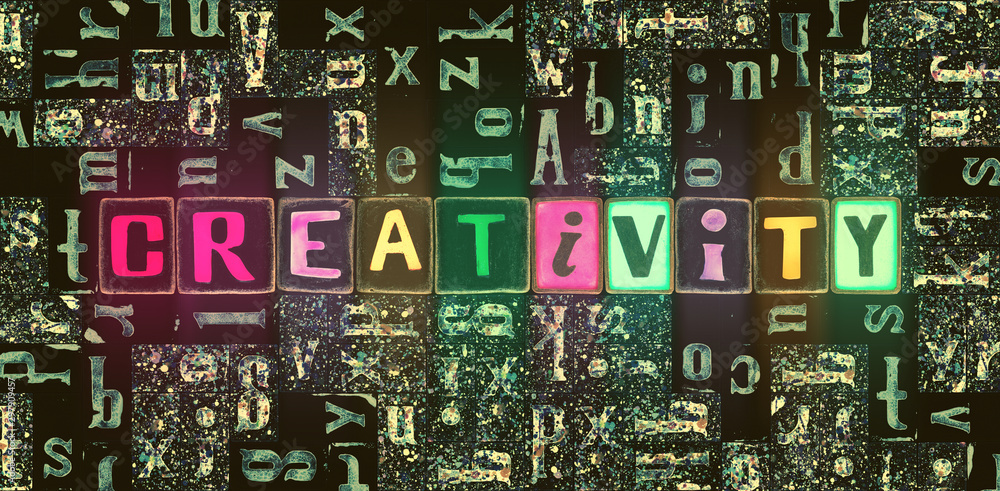 Word Creativity from unique neon letters with light symbols, glow ...