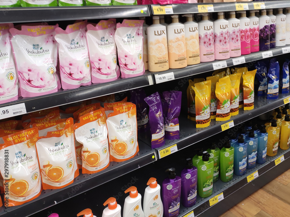 KUALA LUMPUR, MALAYSIA -AUGUST 01, 2019: Liquid body soaps from various ...