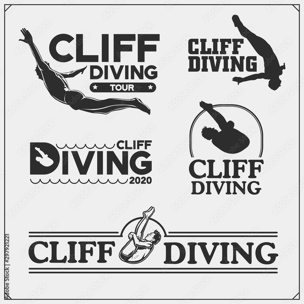 Cliff diving sport emblems, labels and design elements. Diving sport ...