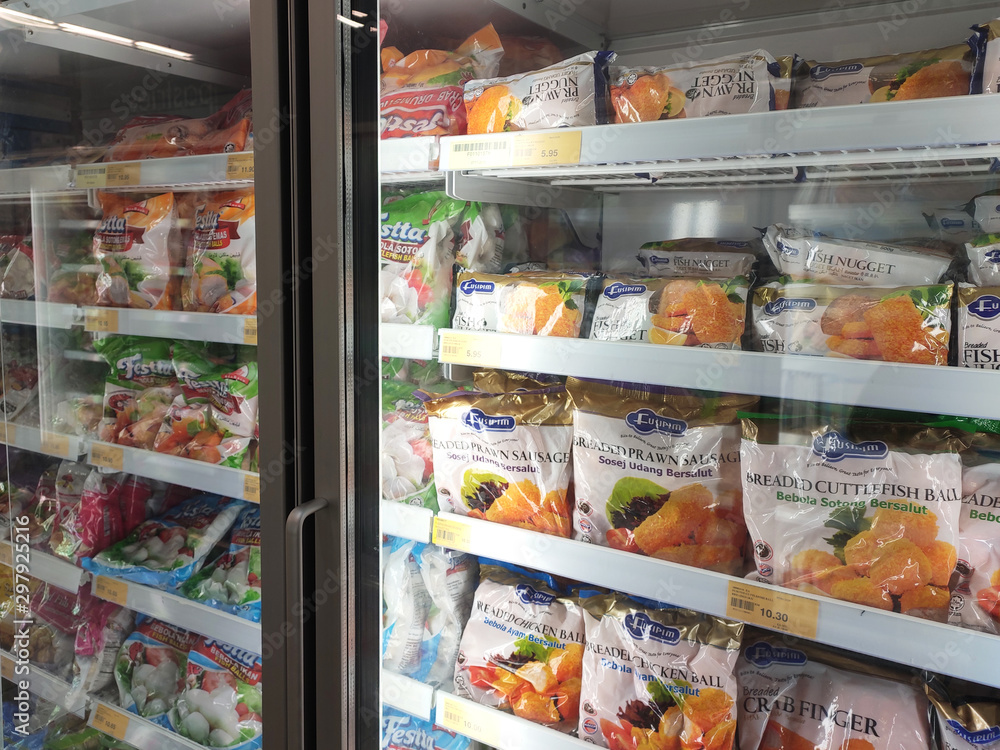 KUALA LUMPUR, MALAYSIA -JULY 30, 2019: Frozen food displayed on the ...