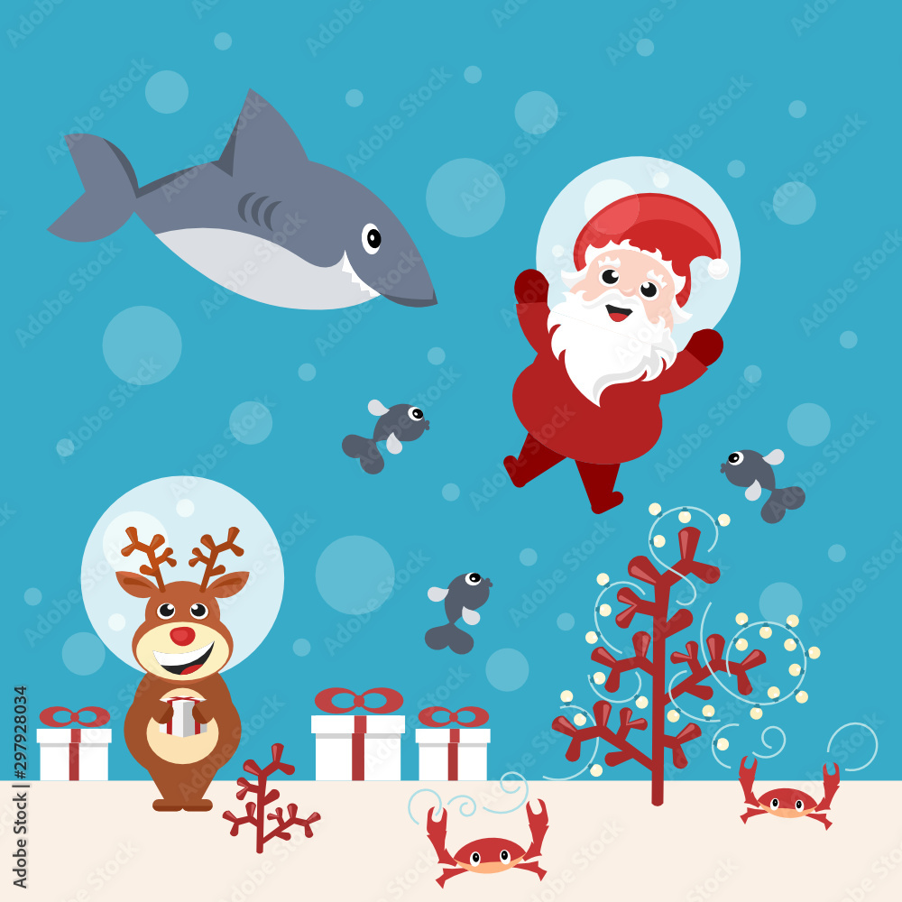 Underwater Christmas scene, Santa Claus and reindeer delivering ...