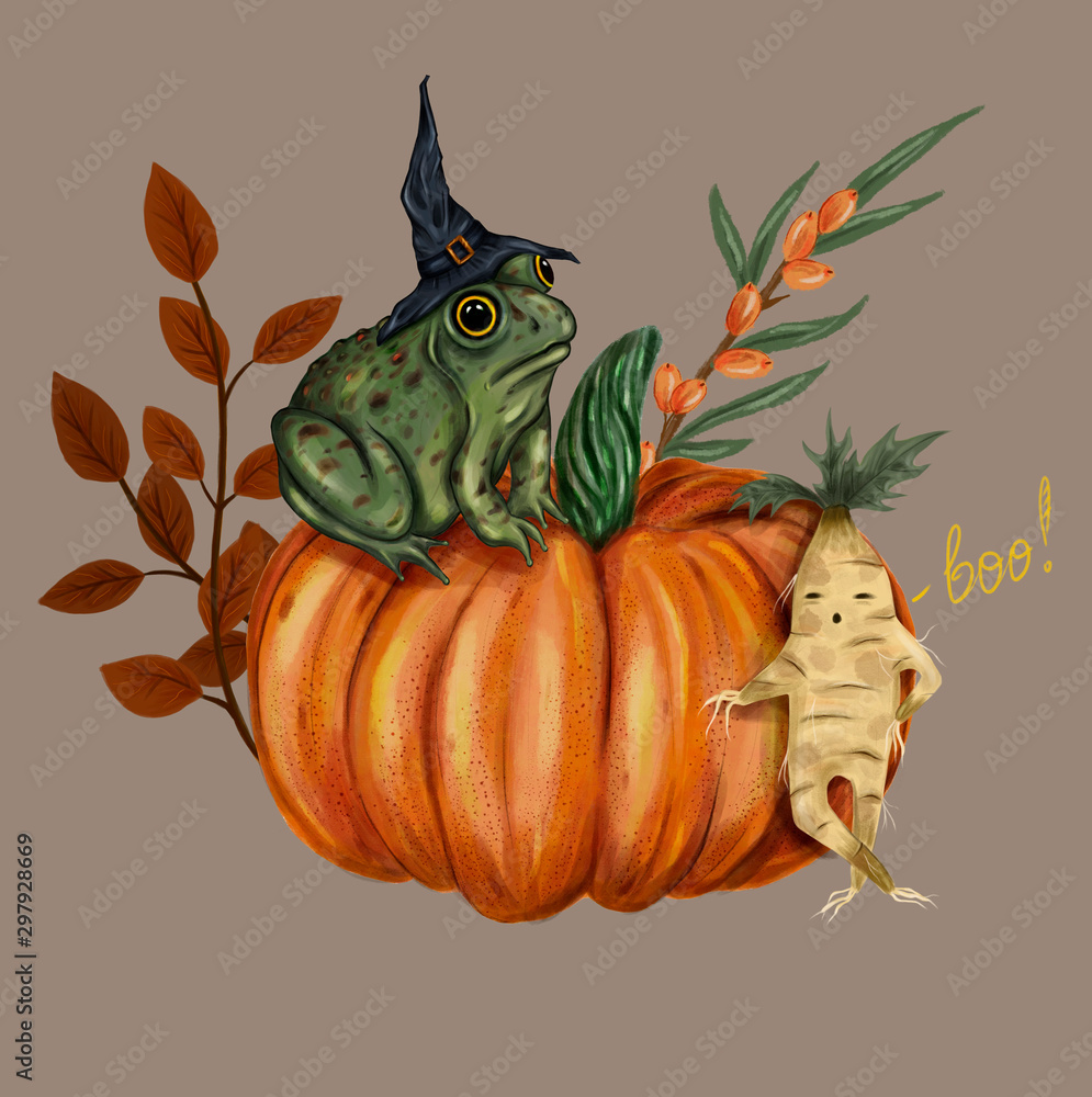 Halloween Toad on a Pumpkin wearing a Witch Hat and a Mandrake Root ...