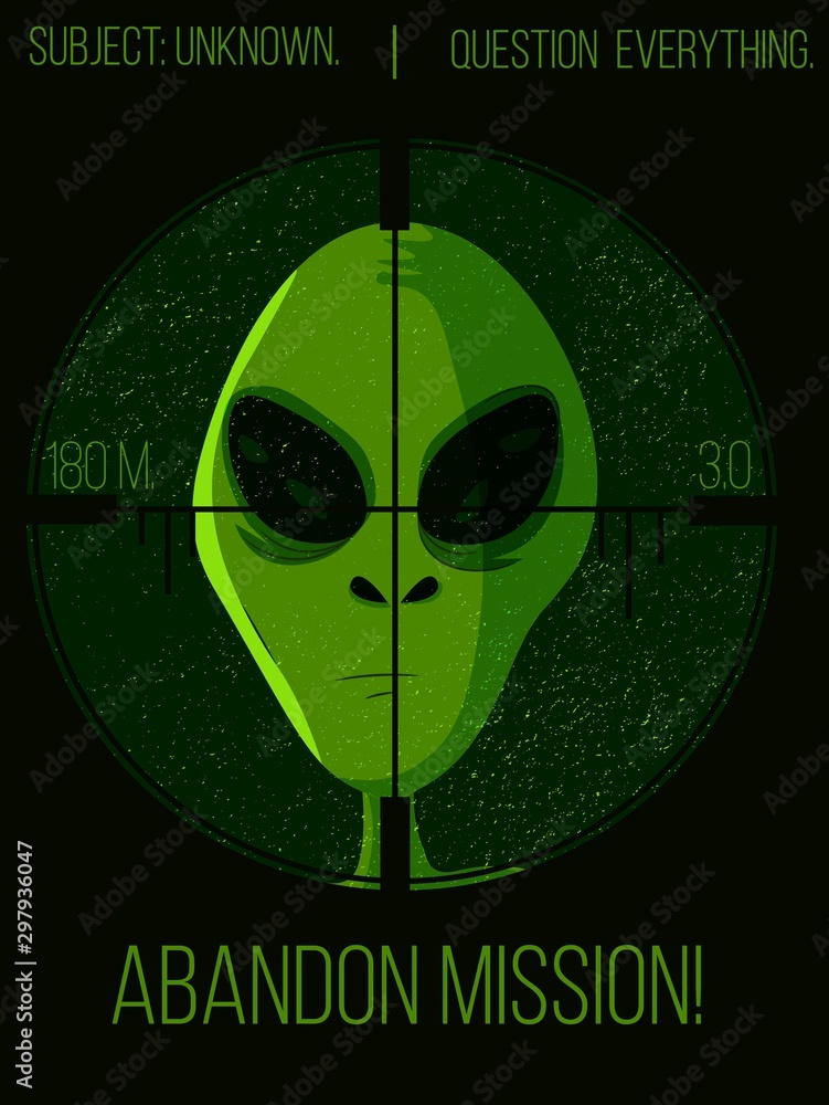 Green alien head under a hunter's sniper poster. Banner of an outer ...