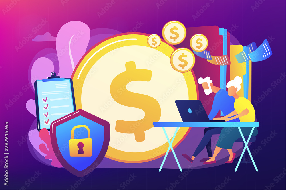 Vetor de Age pension, money savings. Online banking account protection. Elderly financial ...