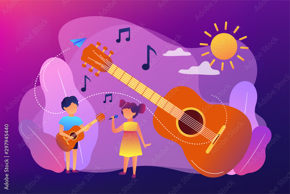 Happy kids enjoy singing and playing the guitar at summer camp, tiny ...