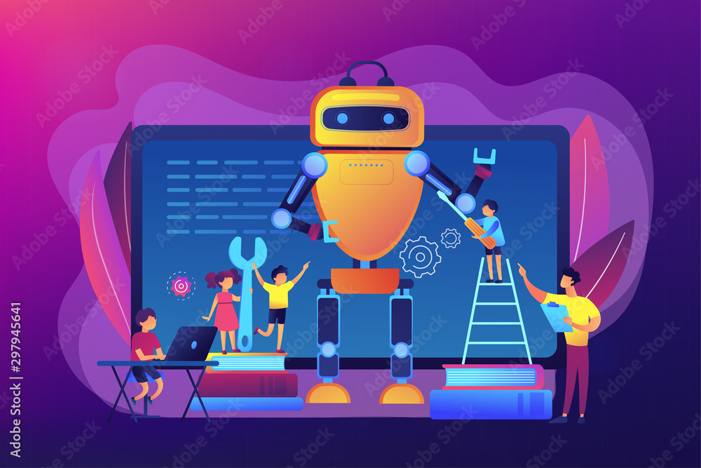 Kids programming and creating robot at class, tiny people. Engineering ...