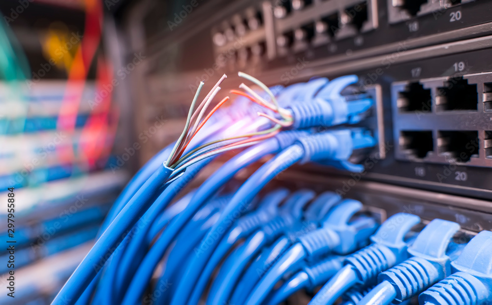 damaged stranded network cable is located on the background of the ...