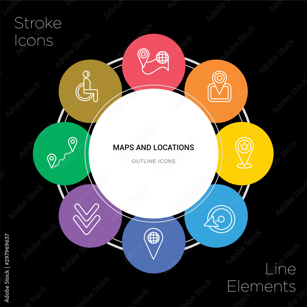 8 maps and locations concept stroke icons infographic design on black ...