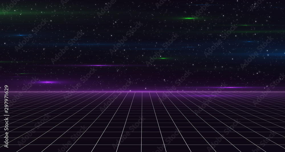 Retro Sci-Fi Background Futuristic Grid landscape of the 80`s. Digital ...