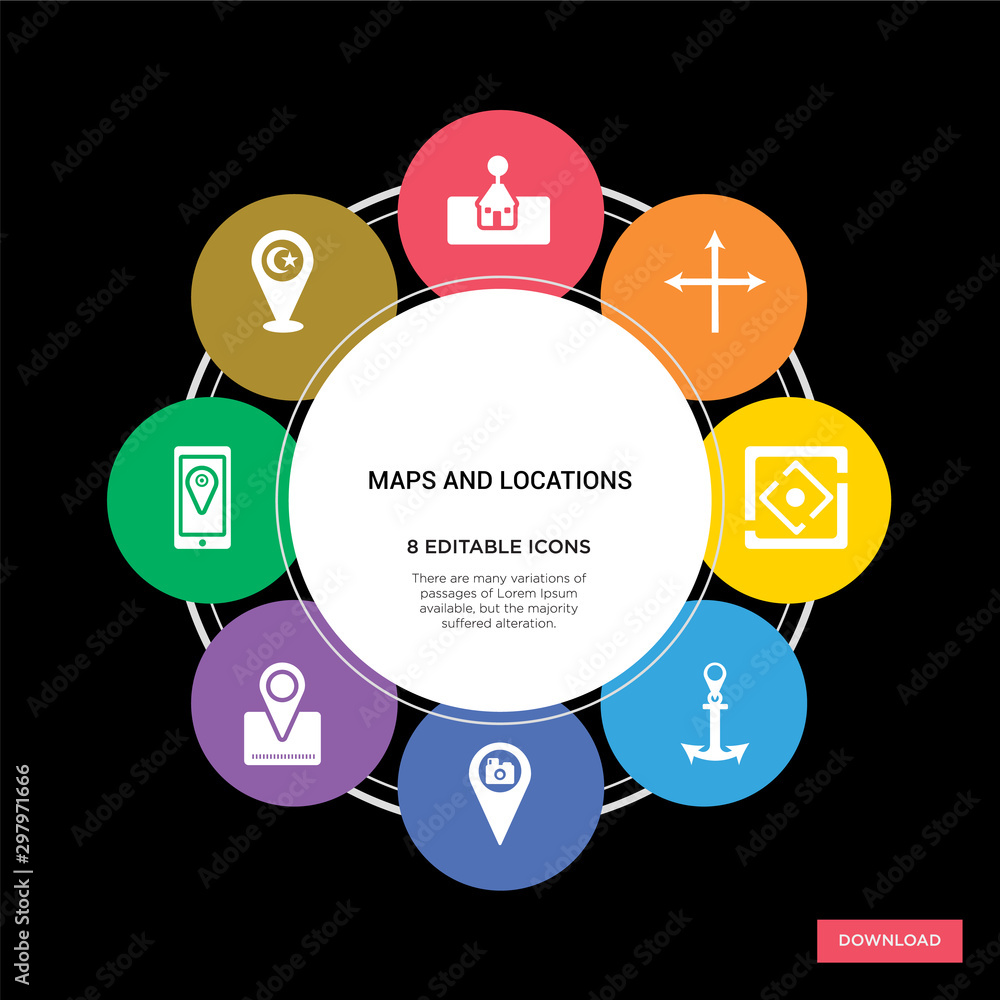 8 maps and locations concept icons infographic design. maps and ...