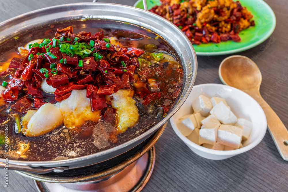 Asia, China food. Szechuan water boiled spicy fresh fish. Fried Chicken ...