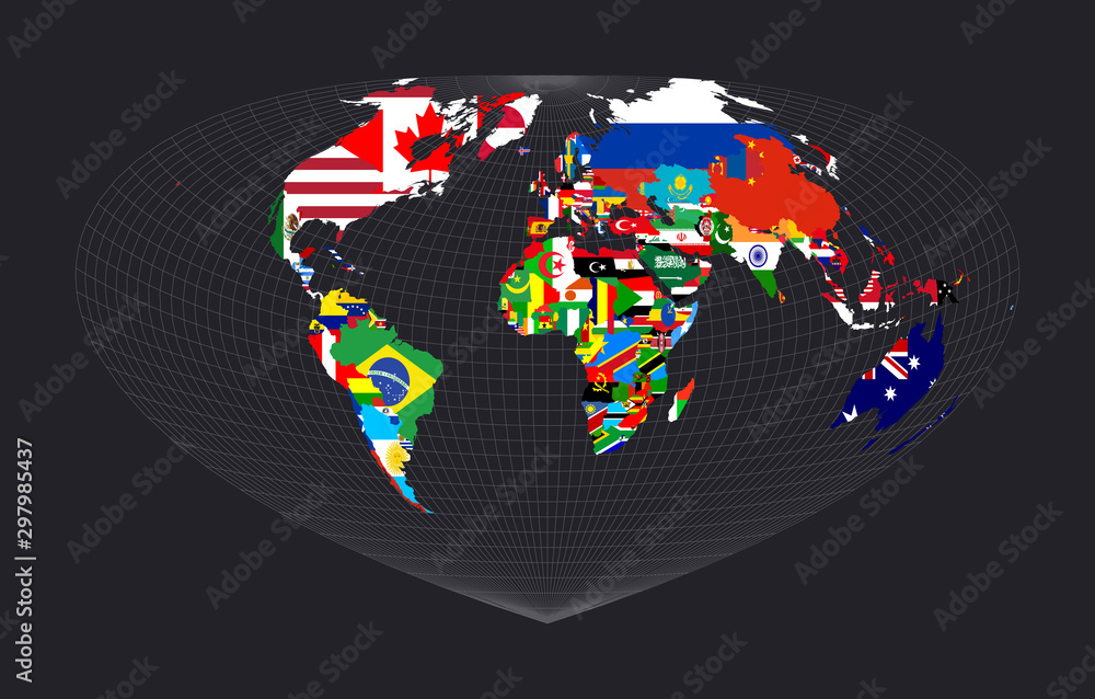 Worldmapwithallcountries andtheirflags. Bottomley projection. Map of ...